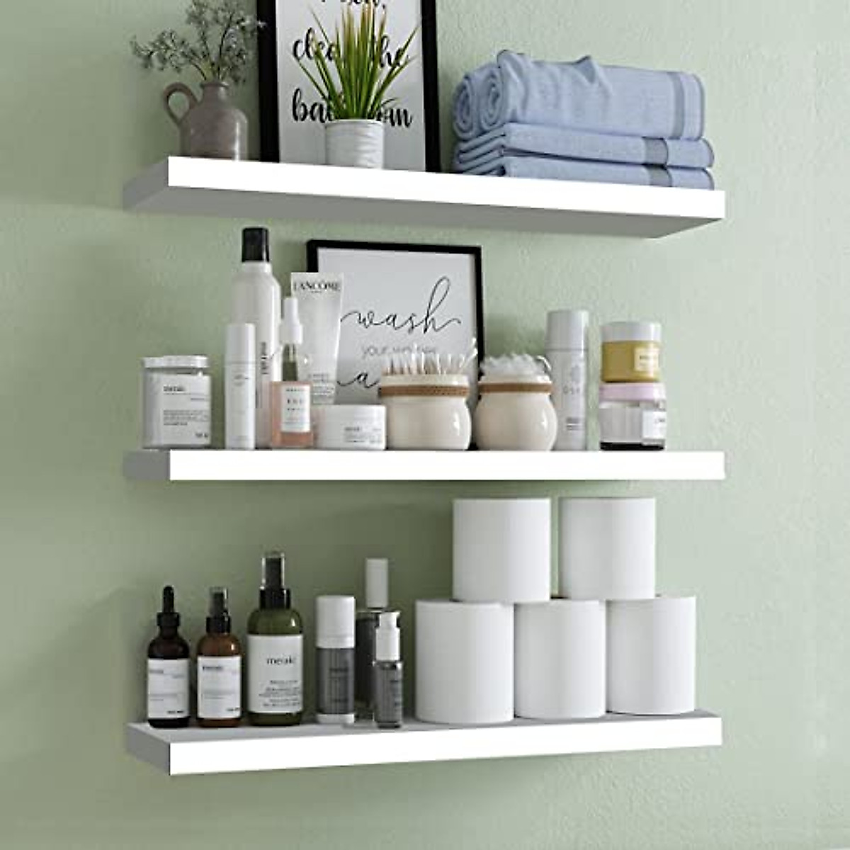 Set of 3 Floating Shelves,Wall Mounted Floating Storage Shelves,White Finish Wall Mount Shelf Sets, Wood Wall Shelves for Decor and Display,Be Used for Kitchen, Bathroom,Living Room, Bedroom and More.