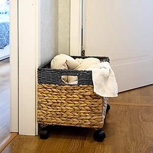 PEMAR Set 2 (different sizes nesting in a set) Natural Wicker Rolling Storage Baskets on Wheels w Insert Handle, Under Table Under Desk Storage Bins, Mobile File Cabinet Organiser. Water Hyacinth