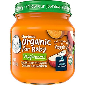 Gerber Organic for Baby 2nd Foods Veggie Power Baby Food Jar, Sweet Potato Apple Carrot & Cinnamon, Non-GMO & USDA Organic Pureed Baby Food, 4 OZ Glass Jar (Pack of 6)