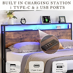 CNANXU Industrial Full Size Platform Bed Frame with LED Lights Headboard and 2 Storage Drawers, Metal Bed Frame with Charging Station, Mattress Foundation with Slats Support (Full, Drawers)