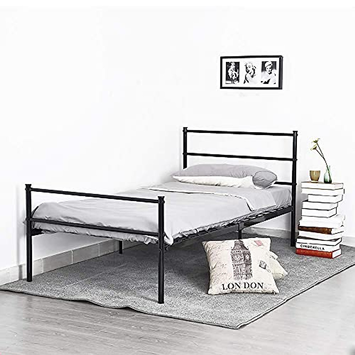Voilamart Twin Metal Bed Frames with Storage, Single Bed with Headboard and Footboard, 6 Legs Bed Frame Platform No Box Spring Needed,Twin Bed Frame Set for Kids (Black)