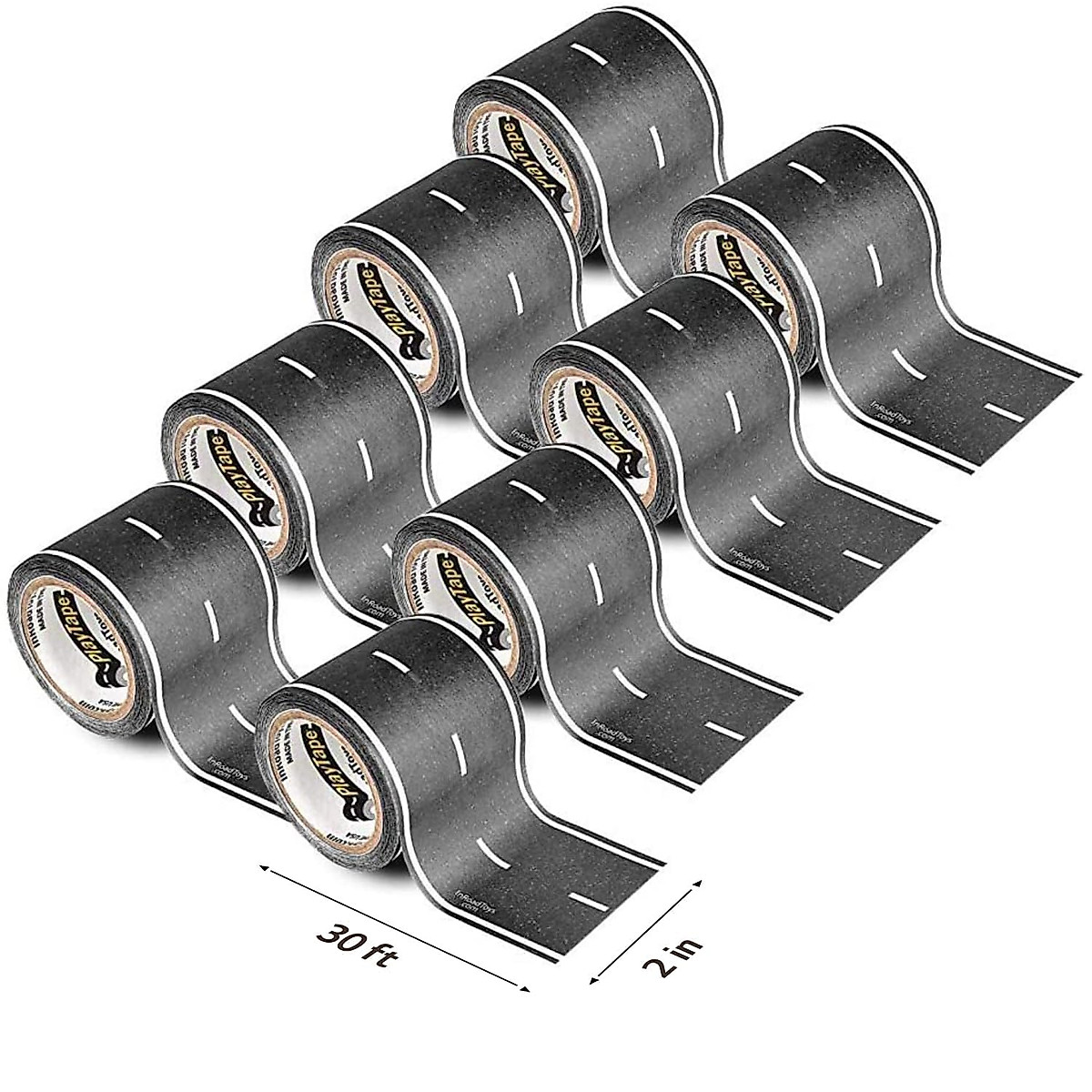 PlayTape Road Tape for Toy Cars - Sticks to Flat Surfaces, No Residue; 8-Pack of 30 ft. x 2 in. Asphalt Road