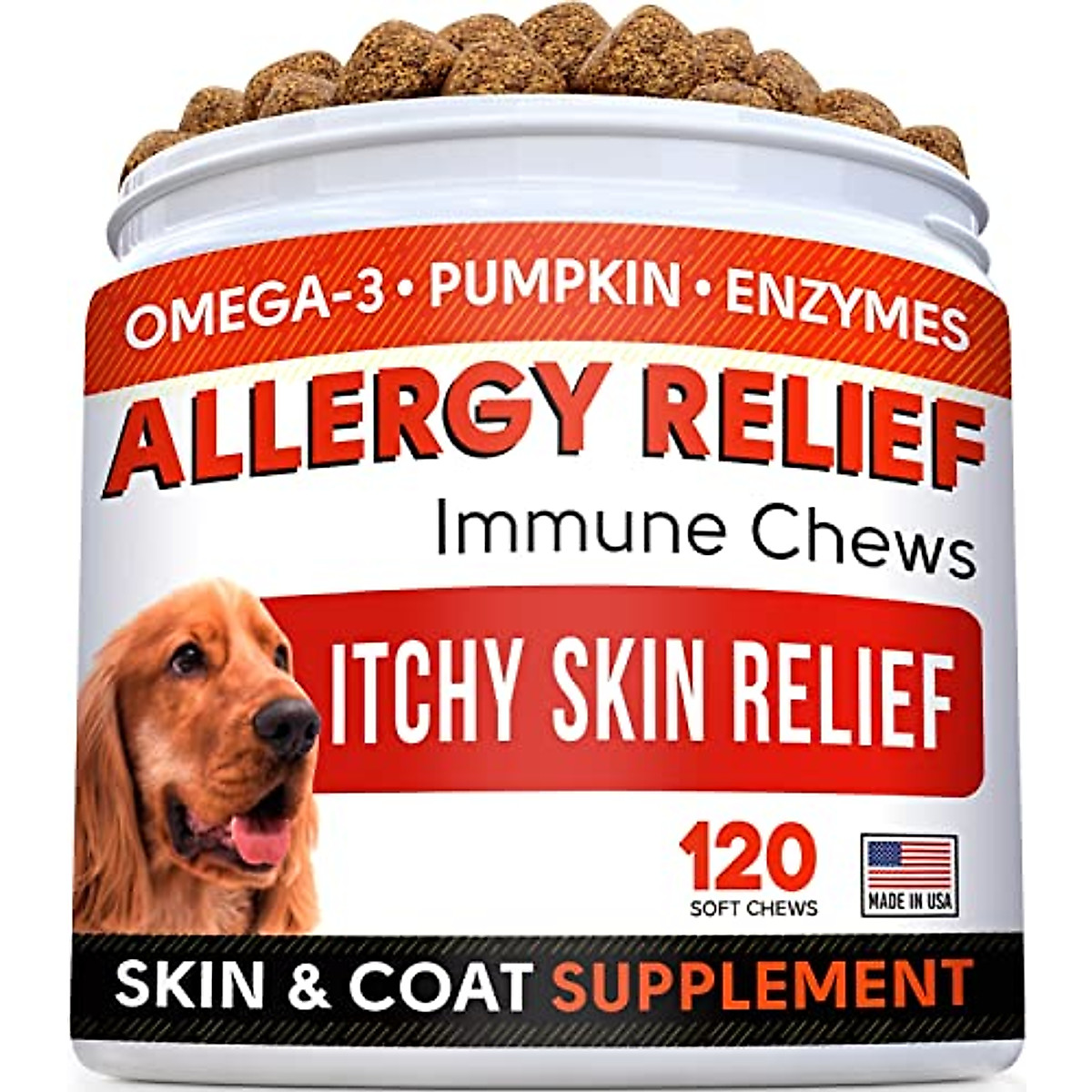 Allergy Relief Dog Treats w/Omega 3 + Pumpkin + Enzymes + Turmeric - Itchy Skin Relief - Immune & Digestive Supplement - Skin & Coat Health - Anti-Itch & Hot Spots -Made in USA - Chicken Flavor Chews