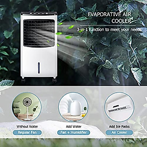 PETSITE Portable Evaporative Air Cooler, 3-in-1 Oscillation Cooling Fan with Remote Control, 2 Ice Packs, Humidifying, 3 Speeds, 7.5H Timer, Personal Swamp Cooler for Bedroom Home Office Garage