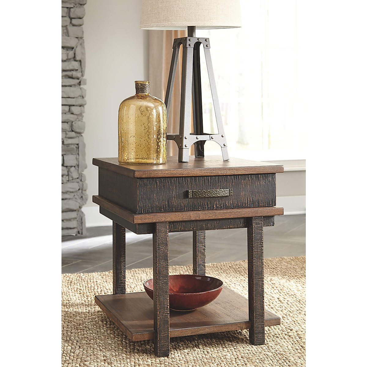 Signature Design by Ashley Stanah Rustic Rectangular End Table with 1 Drawer and Floor Shelf for Storage, Brown with Distressed Finish