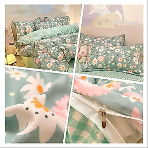 CinYana Sage Green Duvet Cover,Botanical Daisy Floral Duvet Cover Set,3 Pcs Kids Comforter Cover Set,Garden Flower Bedding Set,Soft Reversible for Girls Women Boys(Flowers,Queen)