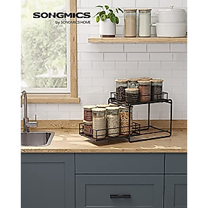 SONGMICS Spice Rack Organizer, Countertop Organizer for Bathroom Kitchen, 2 Tier Space-Saving Counter Shelf with Slide Out Basket Drawers, 14.6 x 11 x 12.6 Inches, Rustic Brown and Black