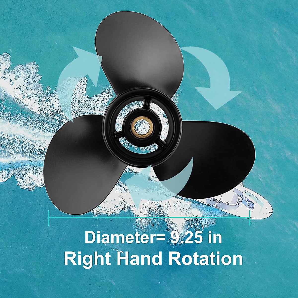 Qiclear 9.25 x 9 &10&11 | 14 Spline Tooth Upgrade Aluminum Outboard Propeller fit Mercury Engines 9.9/15/20HP Tohatsu Engine 9.9HP 15HP 18HP, RH (9.25x10)