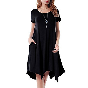 Invug Women Casual Loose Soft Crewneck Short Sleeve Pockets Swing T-Shirt Zigzag Hem Dress Black L