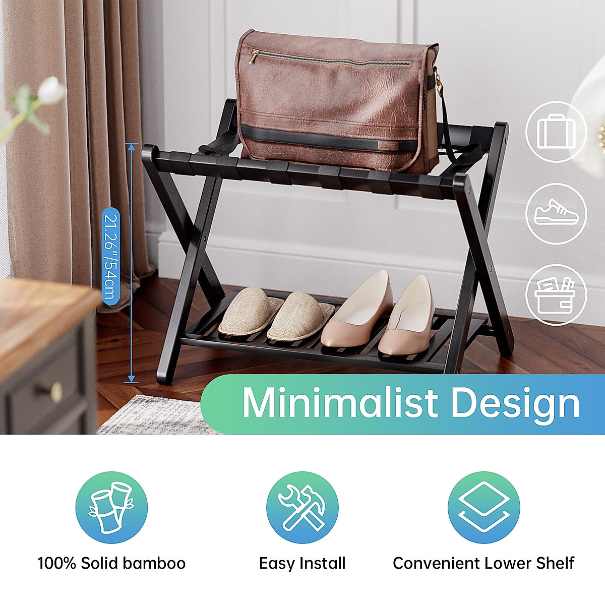 SMIBUY Luggage Rack, Foldable Bamboo Suitcase Stand with Storage Shelf for Guest Room, Bedroom, Hotel, Heavy-Duty, 1 Pack (Black)