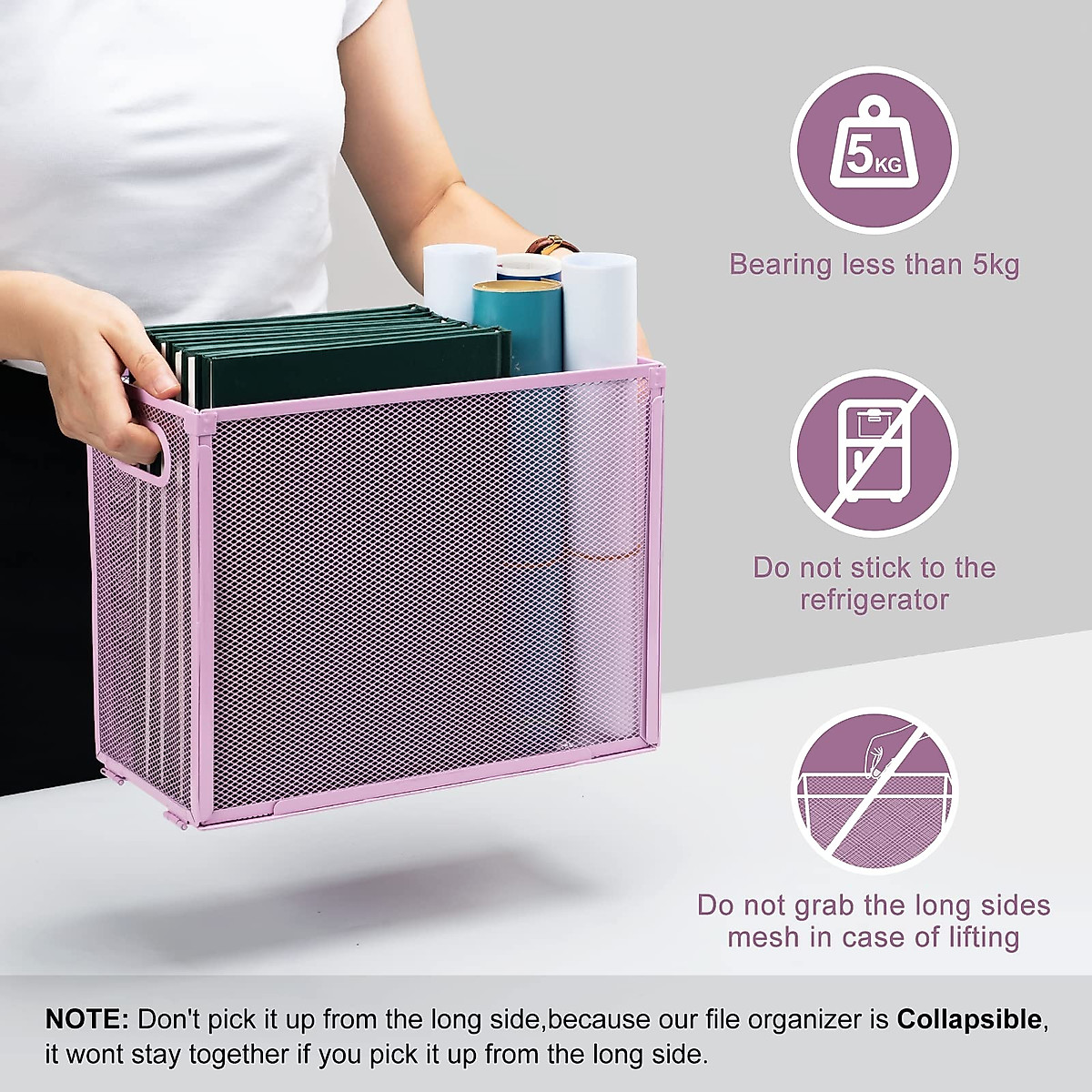 Oterri Hanging File Organizer, Portable Desktop File Organizer Mesh Detachable Foldable File Folder Organizer 12.2*5.5*9.44 inch for Letter Size Folders, File Holders for Office/Home(Pink, 2 Pack)