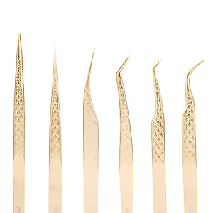 FEITA Eyelash Extension Tweezer Set Gold Lash Applicator Tool - Precision Lashes Diamond Grip Tweezers for 2D-6D Volume & Individual Eyelashes Extensions Supplies (6Pcs)