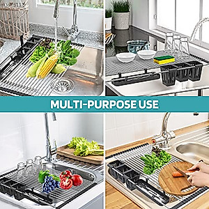 Extra Large Black Expandable Roll Up Dish Drying Rack Up to 25.1''with 2 Storage Baskets,Over The Sink Kitchen Rolling up Dish Drainer Dish Drying Rack in Sink, Foldable,Rollable,for Kitchen Dishes