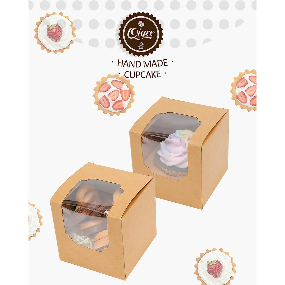 qiqee Auto-pop up Cupcake Boxes 100-Packs Individual Cupcake Container Brown Kraft 3.5" x 3.5" x 3.5" Single Cupcake Boxes