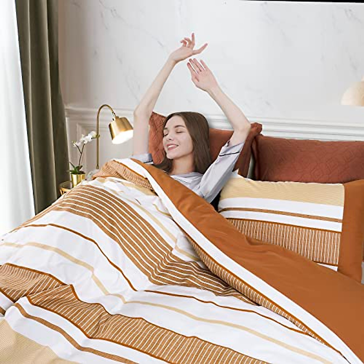 PHF Washed Soft Duvet Cover Set King Size, 3PCS Stylish Stripe Comforter Cover Set, Ultra Soft Comfy Durable Farmhouse Duvet Cover with Pillow Shams Bedding Collection, 104" x 90", Brick Red & White