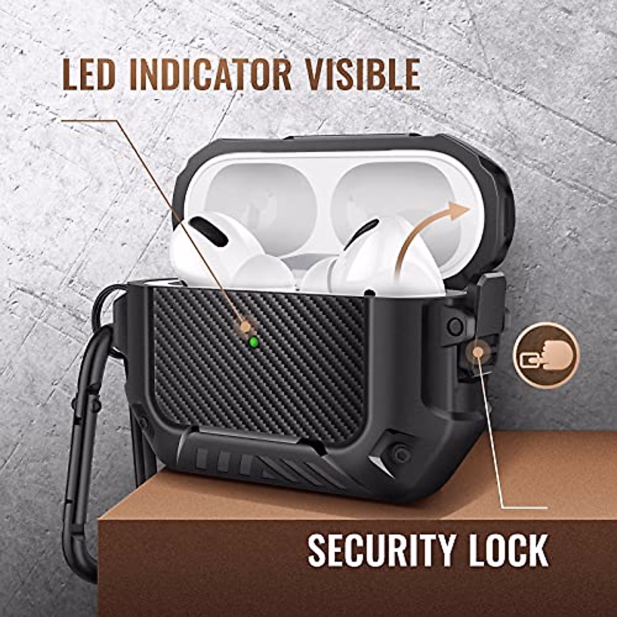 MOBOSI Compatible with AirPods Pro Case, Secure Lock Clip Full Body Shockproof Hard Shell Protective, Carbon Fiber Case Cover with Keychain for AirPod Pro (2019), Black