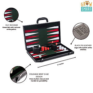 Smart Tactics Premium Backgammon Set - Large 17'' Wood & PU Leather Folding Backgammon Board Game - Green/White/Red Felt Interior - Includes Dice Cups, Doubling Cube & Instruction Manual