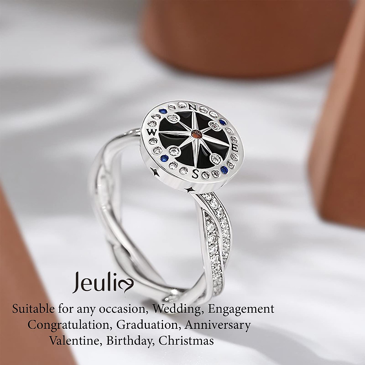 Jeulia Sterling Silver Rotating Ring Compass for Women Men Diamond Solitaire Engagement Ring Romantic Anniversary Engagement Jewelry Gifts (Life's Journey, 10)
