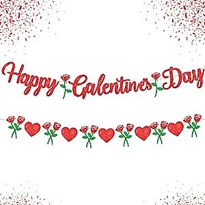 Happy Galentines Day Banner with Roses - 2 Strings, No DIY | Happy Galentines Day Decorations | Galentines Day Party Favors for Be My Galentine Decor | Galentine's Day Decorations, Galentines Décor