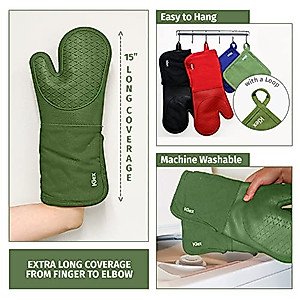 Klex Extra Long Silicone Oven Mitts and Pot Holders, 932°F Degrees Heat Resistance with Quilted Liner Oven Gloves and Hot Pads, 4 Piece Set, 15 inch, Green