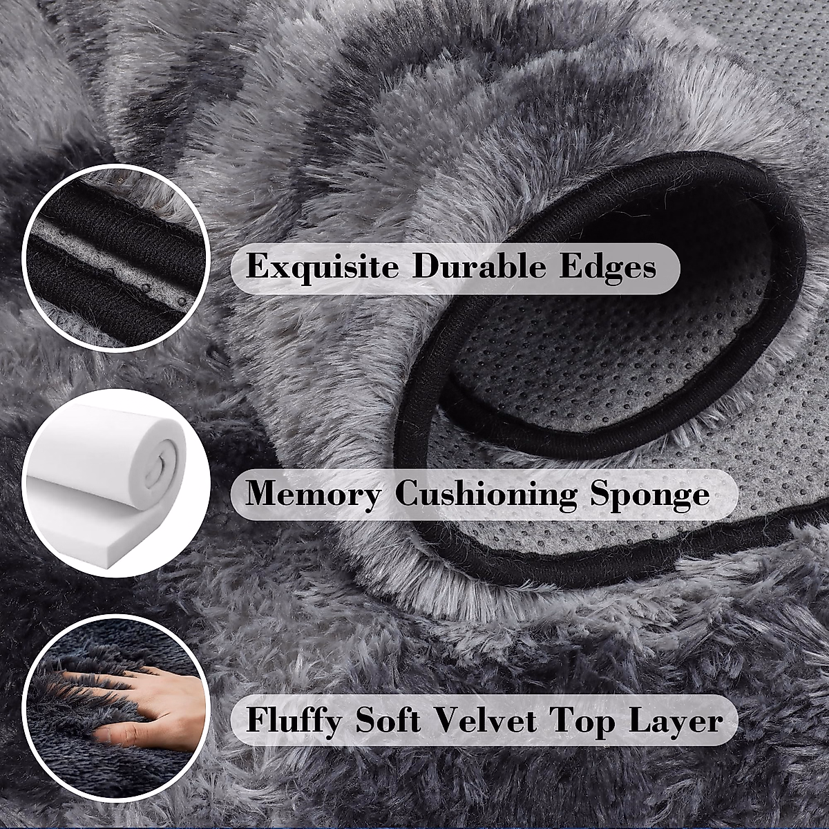 SAZAMI Fluffy Soft Shag Area Rug 4x6 Tie-Dye Dark Grey Fuzzy Non-Slip Accent Rug for Bedroom, Small Thick Throw Rugs for Nursery Playroom Dorm, Home Modern Plush Furry Carpet Decor for Kids Teen Baby