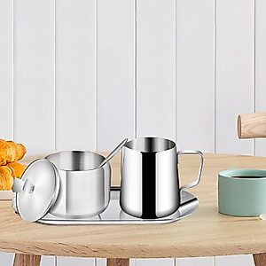 Worldity Stainless Steel Sugar and Creamer Set, Coffee Sets for Serving, Latte Milk Cup Cream Jug and Sugar Bowl with Lid Spoon Tray for Coffee Bar