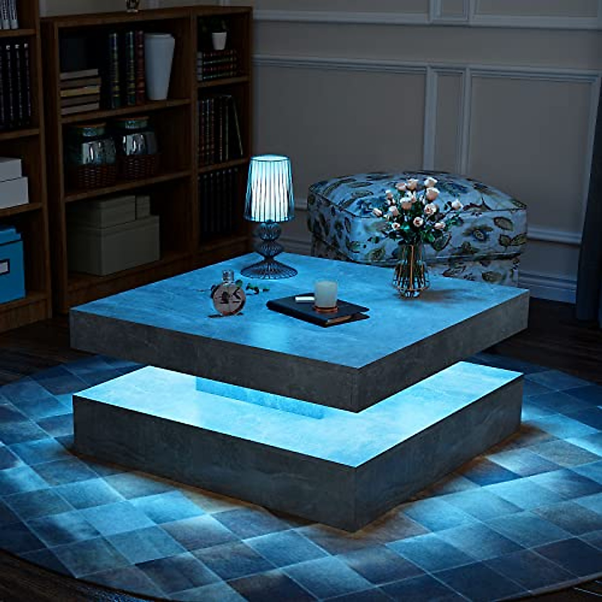 HedoAjim LED Coffee Table for Living Room, Living Room Table 2-Tier Square Middle Center Table, Modern Coffee Tables with Storage, Contemporary Wood Tea Tables for Dining Reception, Grey