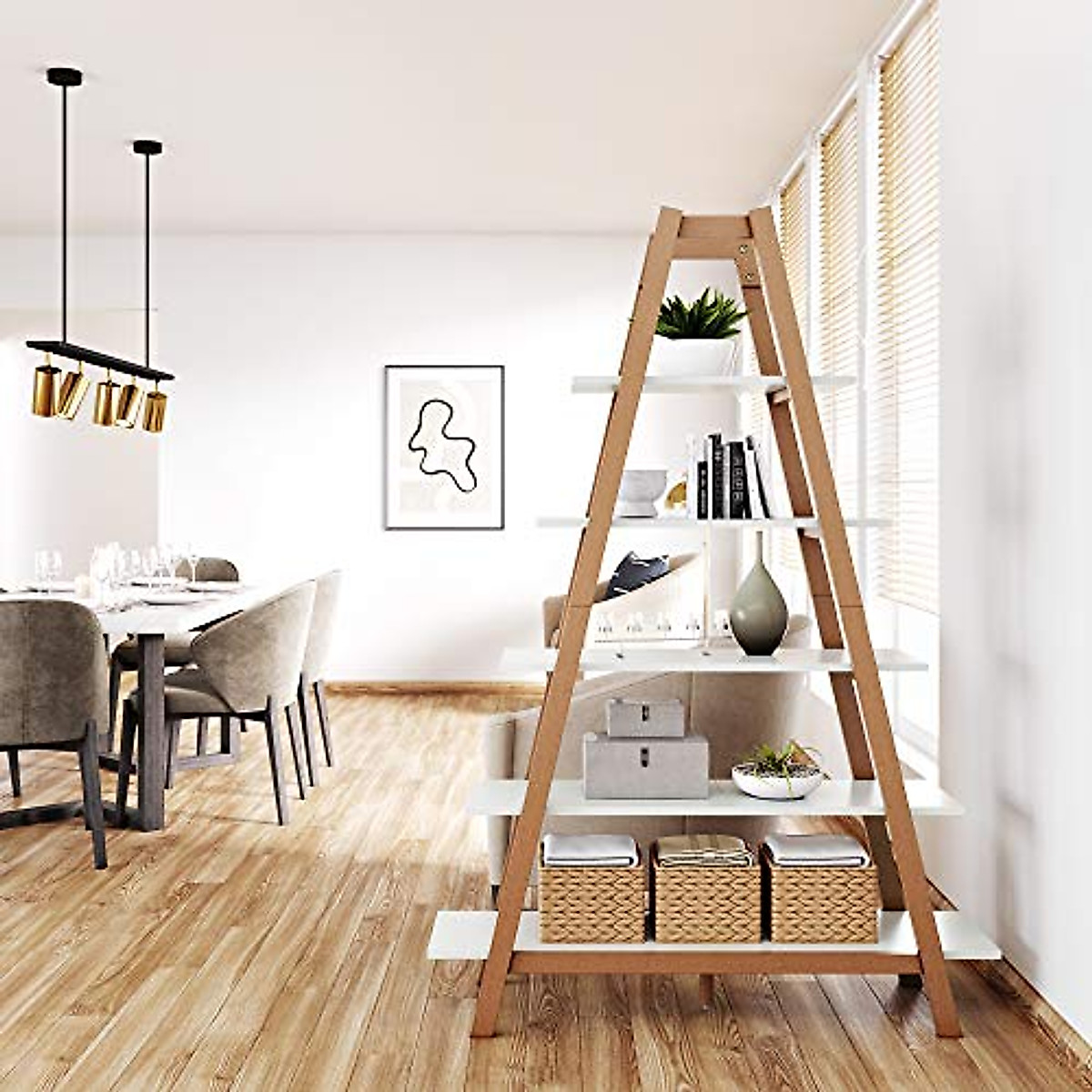 Nathan James Carlie 5-Shelf Bookcase Display or Decorative Storage Rack with Rove Wooden Ladder Shelves, White/Brown