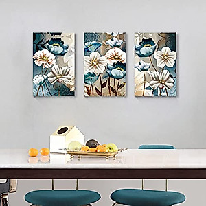 SERIMINO 3 Piece Lotus Flower Canvas Wall Art for Living Room White and Indigo Blue Floral Picture Wall Decor for Dining Room Bedroom Bathroom Kitchen Print Painting for Home Decorations