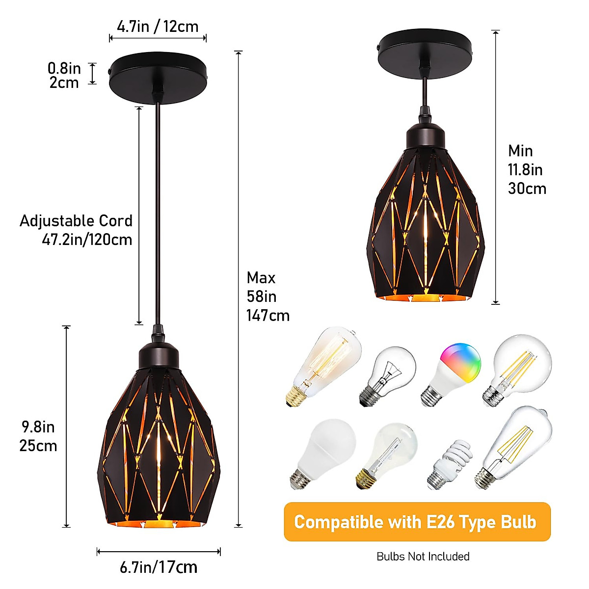 Retro Pendant Light Fixtures 3 Pack Industrial Pendant Lighting Adjustable Hanging Light Fixtures with Geometric Black Metal Shade Farmhouse Pendant Light Ceiling Lamp for Kitchen Island