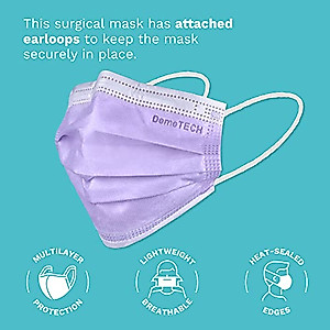 DEMETECH Protective 3-Layer Adult Disposable Face Mask with Ear Loops, Made in the USA, Purple, Box of 50