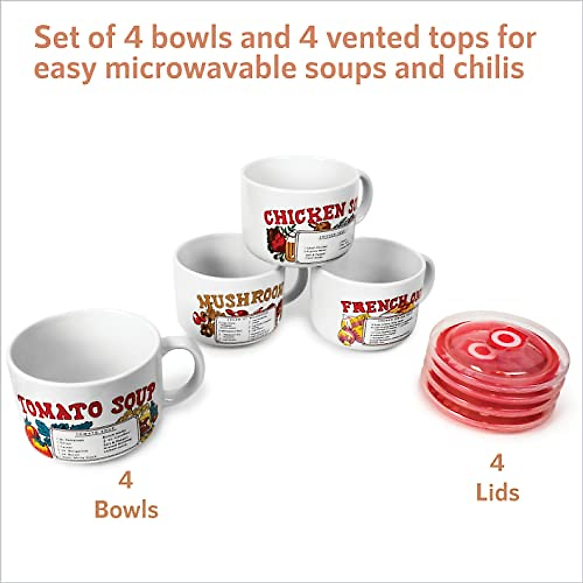 Old & Bold - 4 27 Oz Soup Bowls With Lids - Retro Soup Recipe Ceramic Mugs With Vented Lids and Handles - Pack of 4 - Microwave and Dishwasher Safe - For Soup, Instant Noodles, Cereal