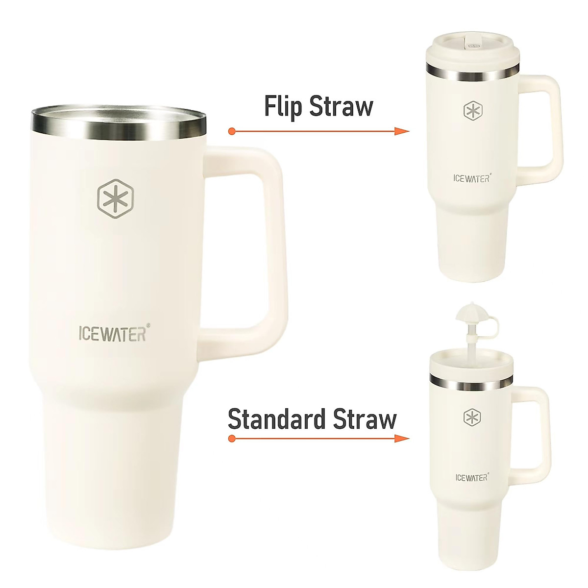ICEWATER 40 oz Tumbler with 2 Lids (Flip & Standard Straw),100% Leak Proof Insulated Tumbler with Handle, Cup Holder Friendly, Stainless Steel Water Bottle, Gifts for Women & Men (Cream)