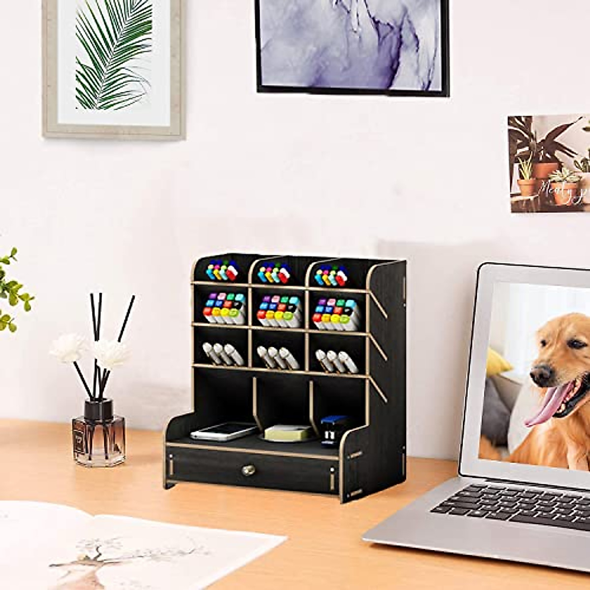 Marbrasse Wooden Desk Organizer, Multi-Functional DIY Pen Holder, Pen Organizer for desk, Desktop Stationary, Easy Assembly, Home Office Art Supplies Organizer Storage with Drawer (B11-Black)