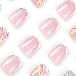 Square Press on Nails Short French Fake Nails Acrylic Glossy False Nails with Colored lines Designs Full Cover Glue on Nails Stick on Nails French Tip Reuseable Nails for Women