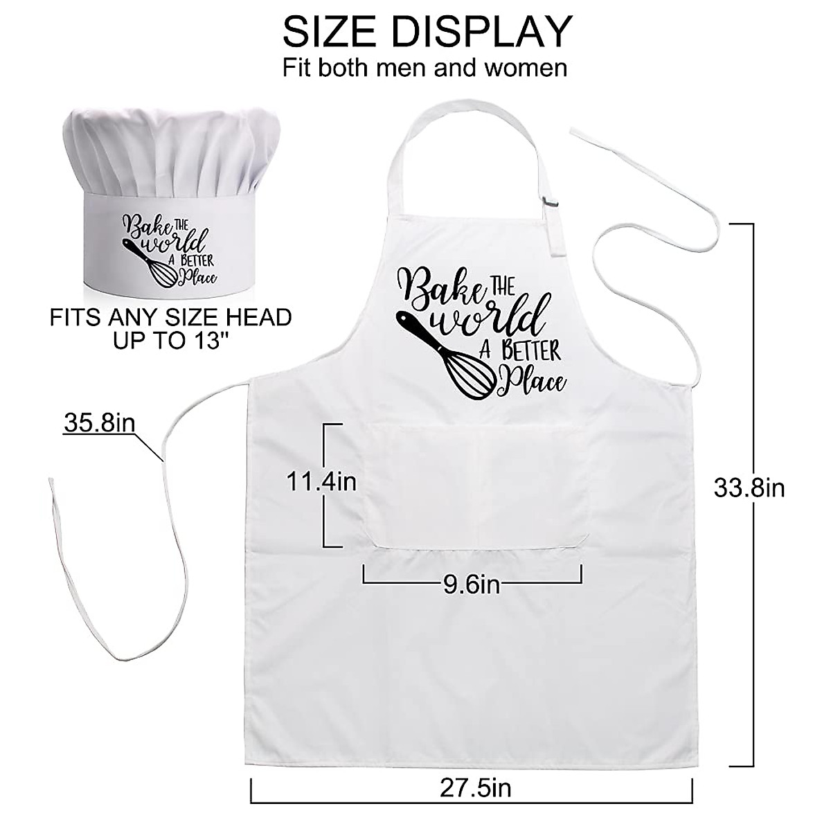 DYJYBMY Bake The World A Better Place Chef Hat and Apron Set, Funny Chef Hat for Woman, Funny Cooking Grilling Apron Gift for Woman Sisters, Sister, Mom, Pastry Chef, Friends, White Adjustable Size