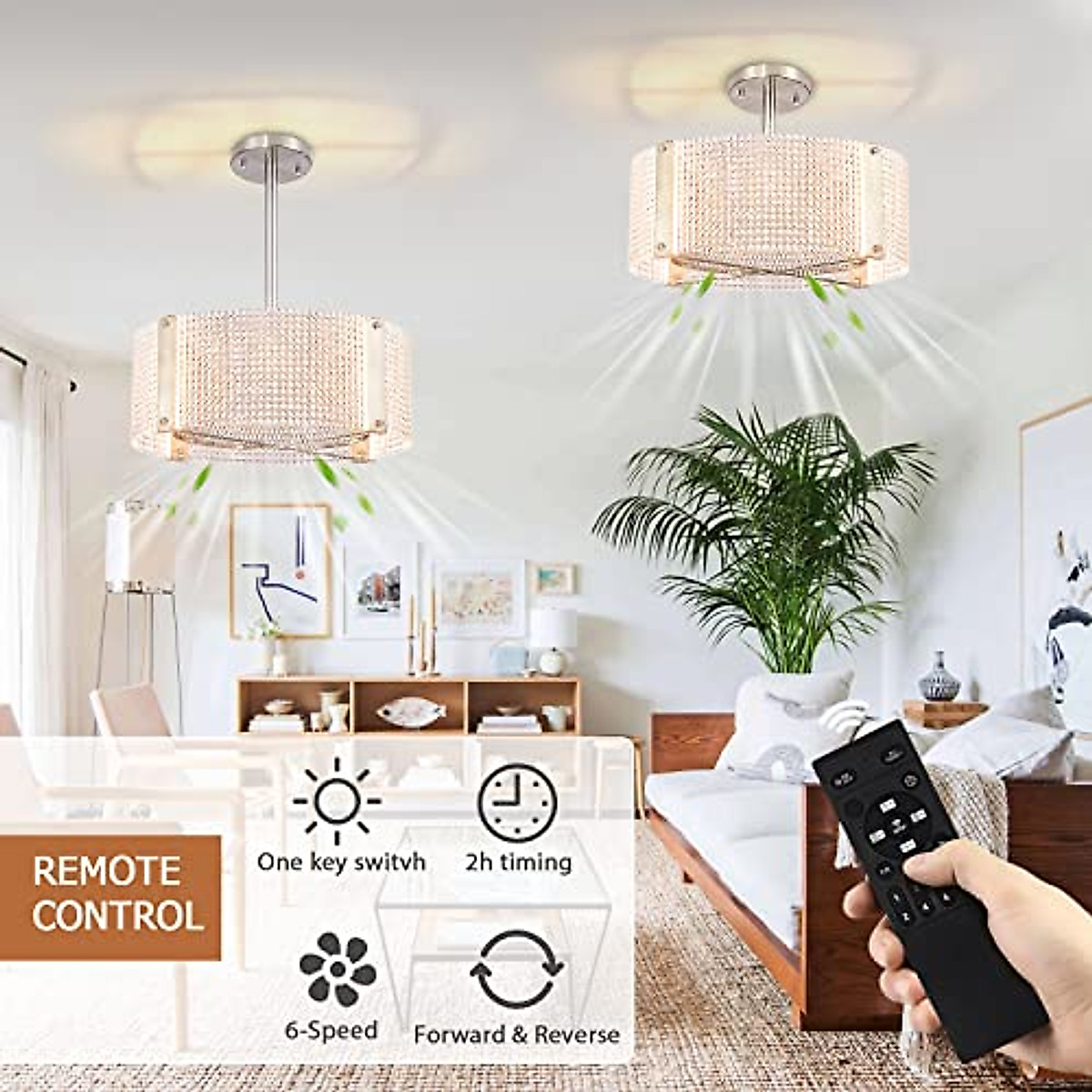 Zhizenl Ceiling Fans with Lights, Crystal Modern Flush Mount Ceiling Fan with Remote Control, Dimmable LED 6 Wind Speeds Low Profile Caged Ceiling Fan with Light for Bedroom Living Room
