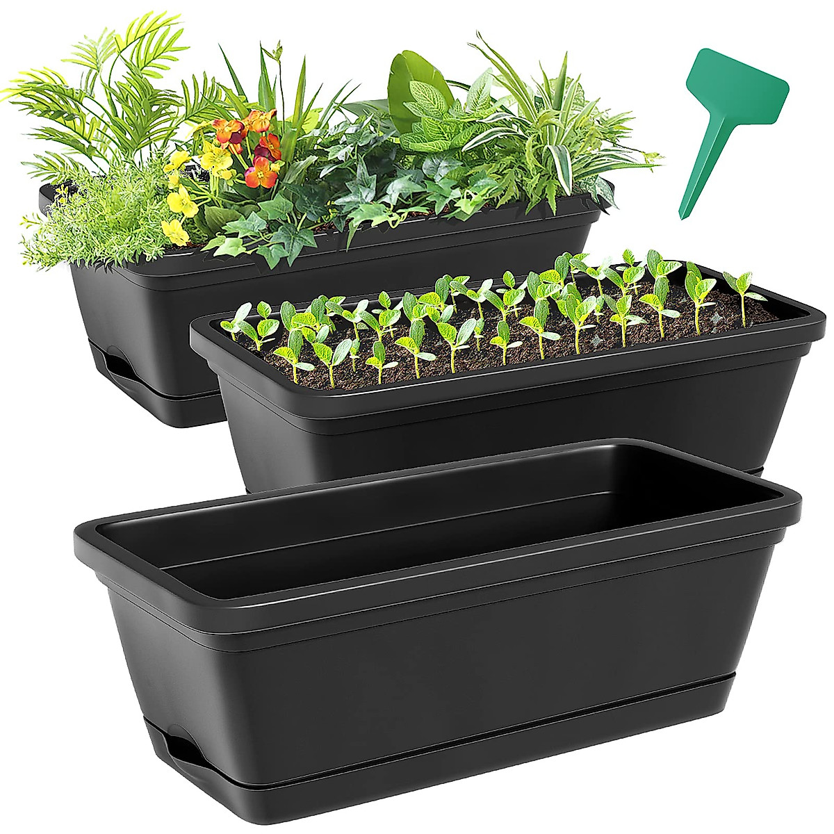 CEED4U Window Box Planter, 17 Inches 3 Packs Black Rectangular Planters Box with Saucers and 15Pcs Plant Labels, Self-Watering Drainage Holes, Windowsill Decor Outdoor Indoor Plastic Long Pots