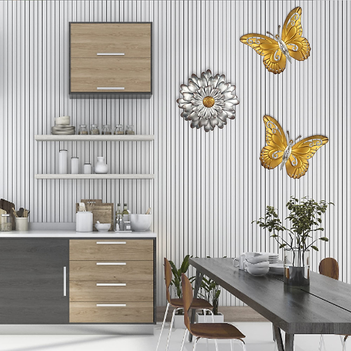 JOYBee 3Pcs Metal Flower With Butterfly Wall Decor - Wall Art Decorations Flower With 2Pcs Butterfly Spring Yard Garden Decor Hanging for Bedroom, Living Room, Bathroom,Office