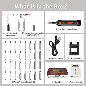 Electric Screwdriver Kit, HARDELL 4V Cordless Screwdriver Rechargeable with 36 Magnetic Bits Set, USB Charging Cable in Carrying Case, 3 LED Lights, Magnetic Hex Chuck for DIY
