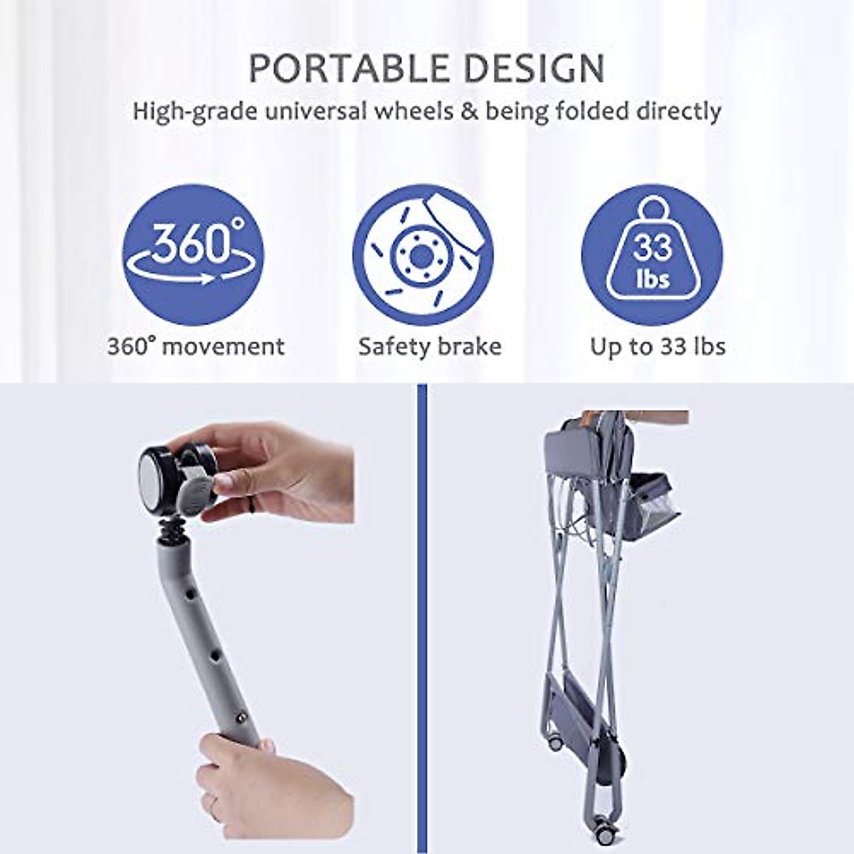 EGREE Baby Changing Table Portable Folding Diaper Changing Station with Wheels, Adjustable Height Mobile Nursery Organizer with Safety Belt and Large Storage Racks for Newborn Baby and Infant, Gray