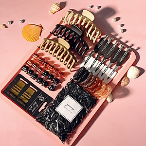 YANRONG Brown Hair Accessories Set Women Girls No Crease Elastic Rubber Bands for Thick Hair & Thin Hair Fashion Hair Claw Set (Barrettes Hair Ties 1065PCS）