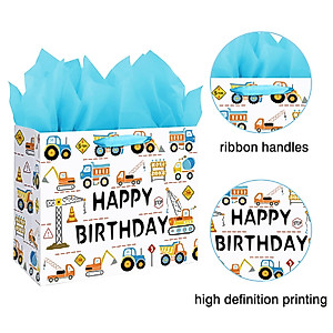 13" Large Happy Birthday Gift Bag for Baby Boy Kids with Tissue Paper and Card (Construction Vehicle)