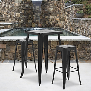 Flash Furniture Stone Commercial Grade 23.75" Square Black Metal Indoor-Outdoor Bar Table Set with 2 Square Seat Backless Stools