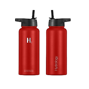 H2 Hydrology Water Bottle - 18 oz, 22 oz, 32 oz, 40 oz, or 64 oz with 3 LIDS Double Wall Vacuum Insulated Stainless Steel Wide Mouth Sports Hot & Cold Thermos (32 oz, Red)