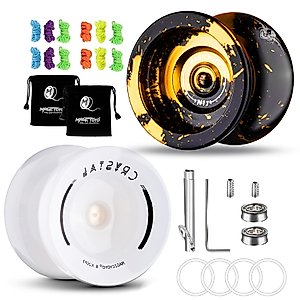 MAGICYOYO Pack of 2 Responsive Yoyos - N11 Black Golden Yoyo and K2 Snow White Fingerspin Yoyo for Kids Beginners, Dual Purpose Yoyos with Unresponsive Yoyo Bearings Kit, 2 Yoyo Bags, 12 Yoyo Strings
