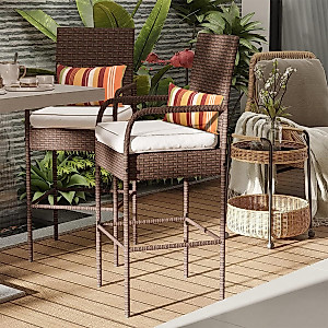 Sundale Outdoor Bar Stools Set of 2, 2 Piece Rattan Bar Stool Wicker Chairs, Patio Bar Height Chair with Arms, Cushion Beige, All-Weather Outdoor Rattan Furniture - Steel, Brown