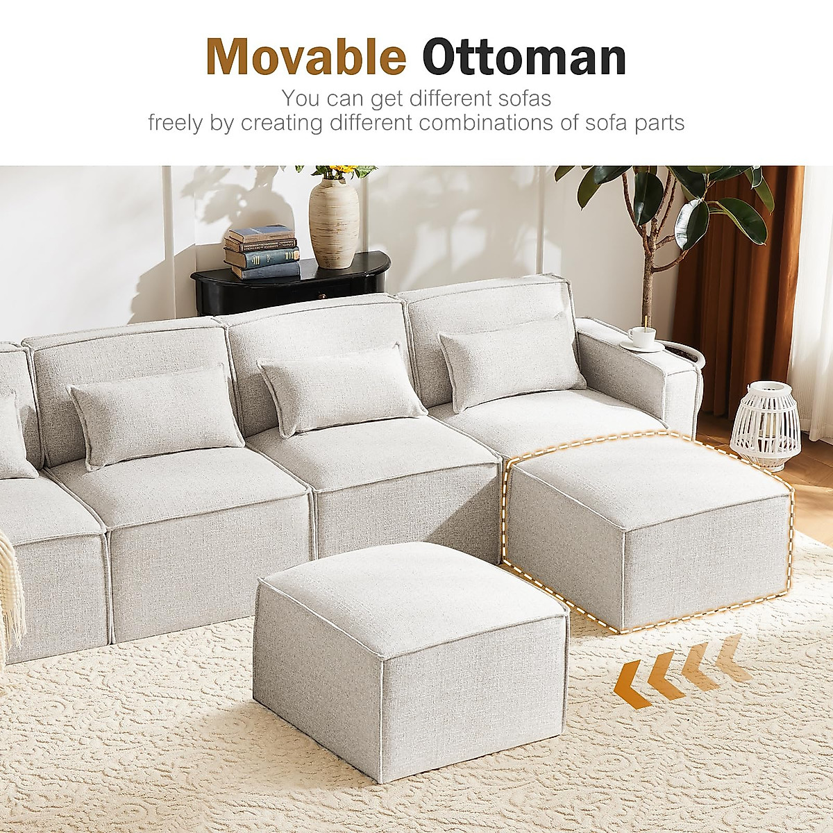 ABCASA Ottoman Module for Modular Sectional Couch, Square Storage Ottoman Footrest, Mix White/Grey