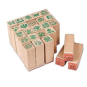 Pack of 25 Pcs Small Green Happy Life Shape Wooden Rubber Stamps with Box for DIY Craft Card and Photo Album (Green)
