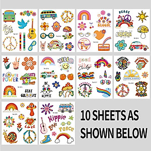 TATUWST Hippie Temporary Tattoos for man and Women Adult 70’s Groovy Hippie Love and Peace Rainbow Waterproof Face Body Waterproof Body Party Accessories,79 styles Tiny Removable Fake Tattoo stickers